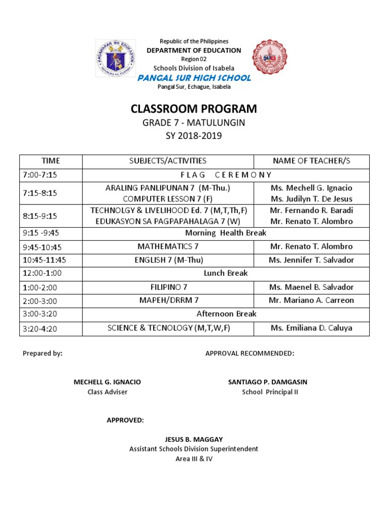 Classroom Program JHS | PDF | Philippines | Learning