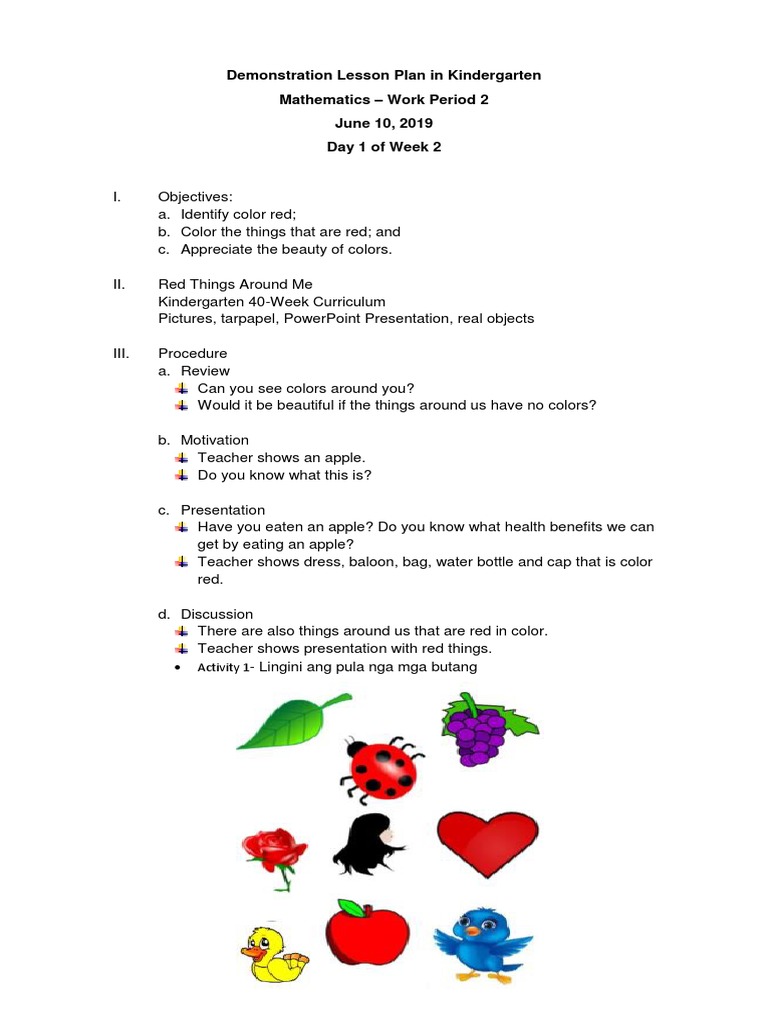 1st Demonstration Lesson Plan in Kindergarten | PDF