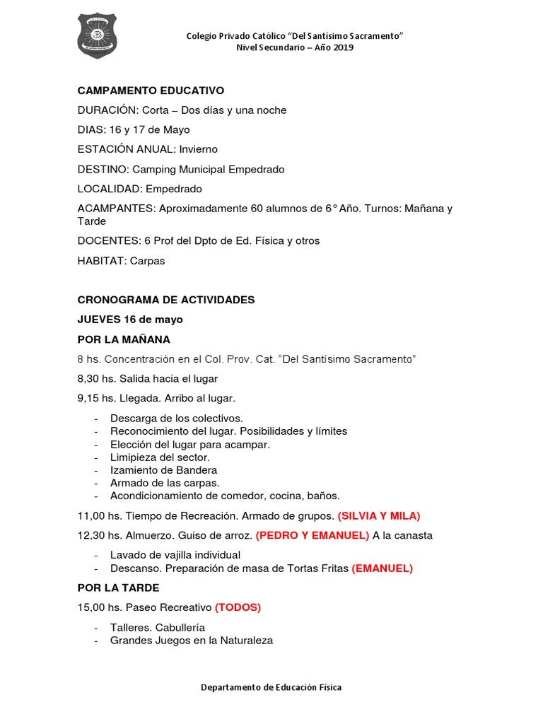 Programa Campamento Secundaria 19 | PDF