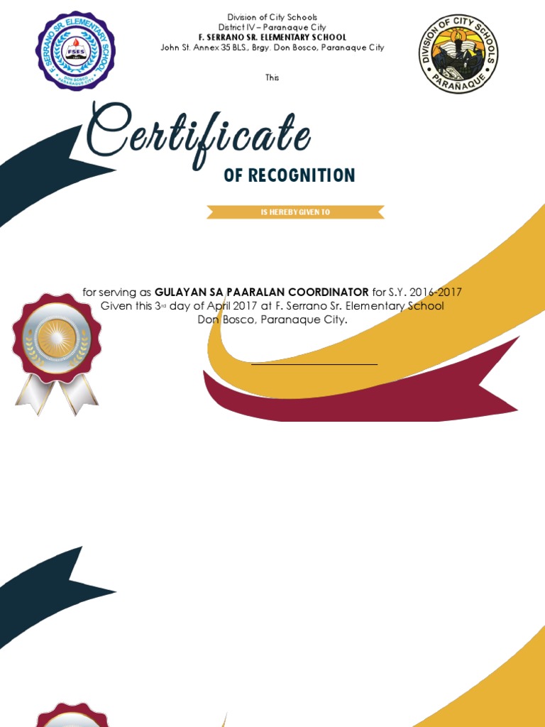 Sample Certificate For Gulayan Sa Paaralan