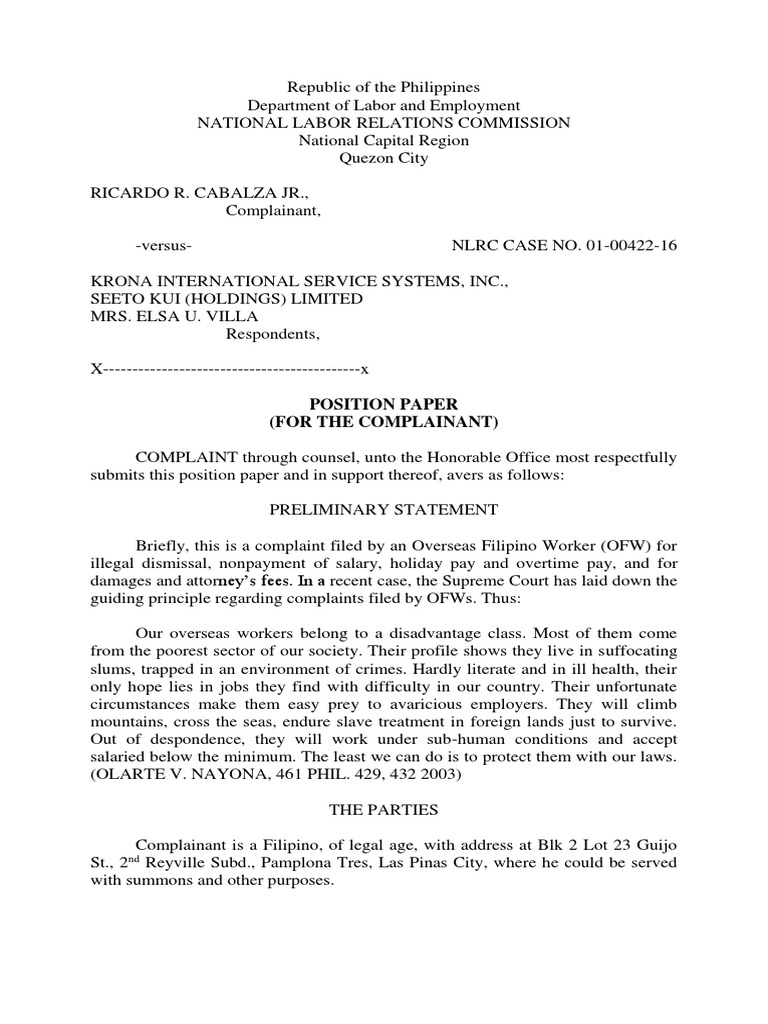 Cabalza Position Paper | PDF | Overtime | Employment