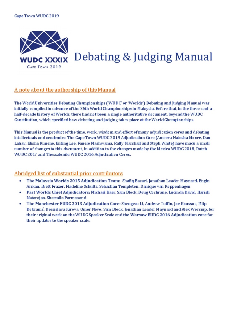 WUDC 2019 Debating & Judging Manual | PDF | Argument | Reason