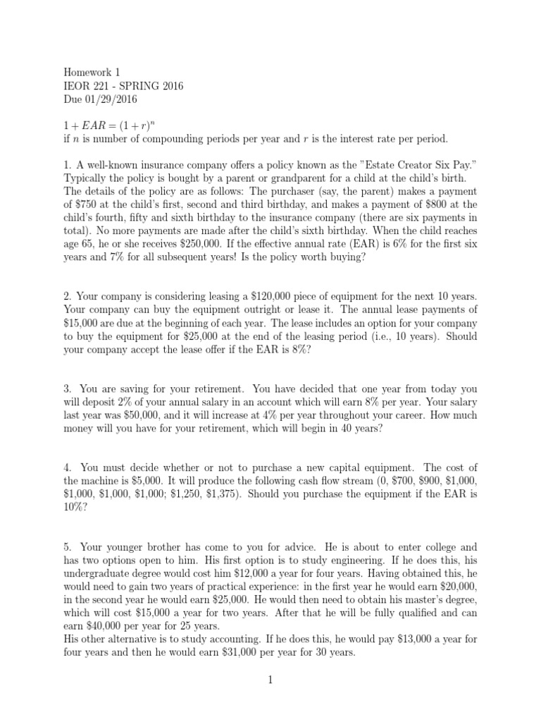 IEOR 221 s2016 Homework 1 | PDF | Salary | Present Value