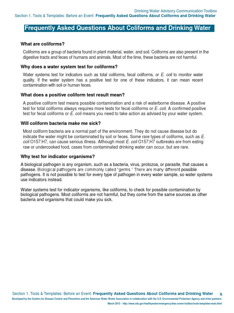Faq Coliforms Drinking Water Pdf Drinking Water Escherichia Coli