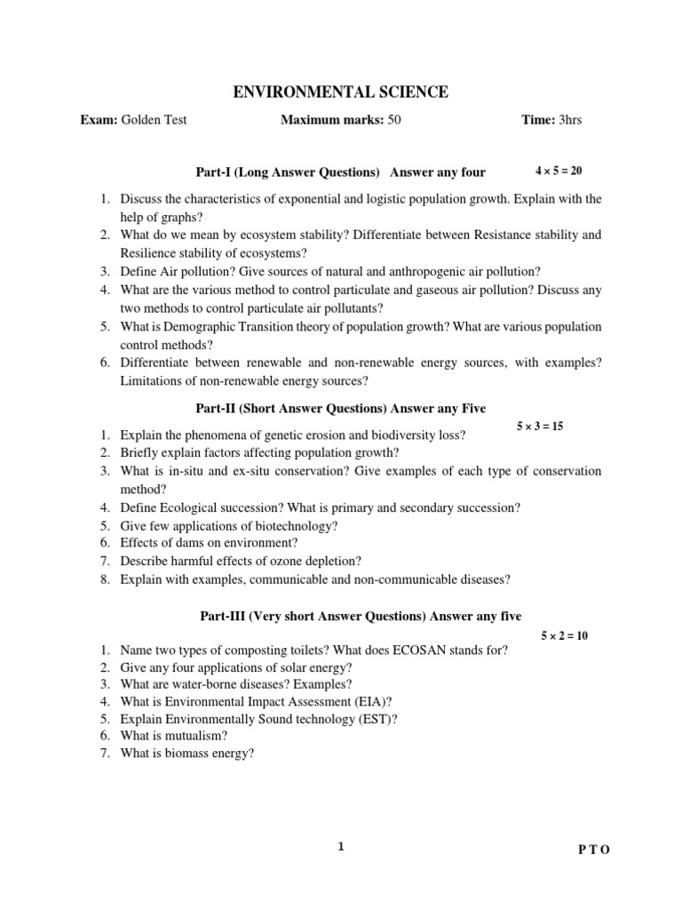 Environmental Science: Exam: Golden Test Maximum Marks: 50 Time: 3hrs ...