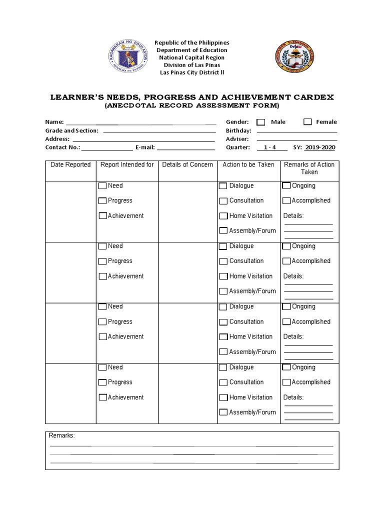 Learner'S Needs, Progress and Achievement Cardex: (Anecdotal Record ...