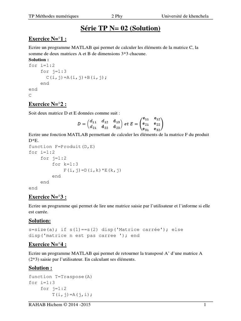 Matlab Exercice (French) | PDF | MATLAB | Théories de matrice