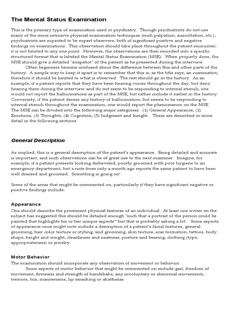 The Mental Status Examination | PDF | Memory | Delusion