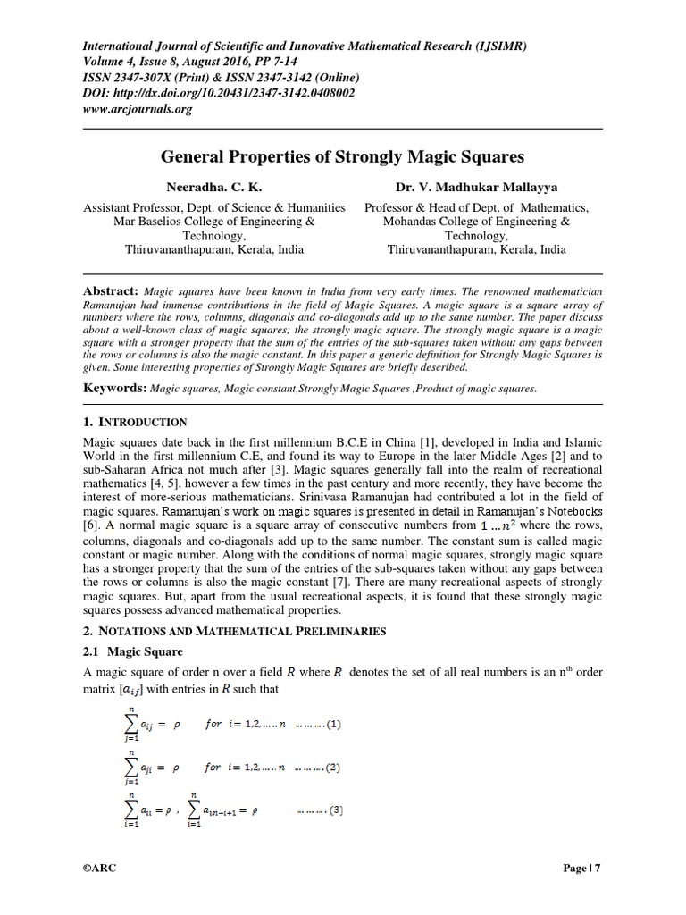 General Properties of Strongly Magic Squares: Neeradha. C. K. Dr. V. Madhukar Mallayya | PDF ...
