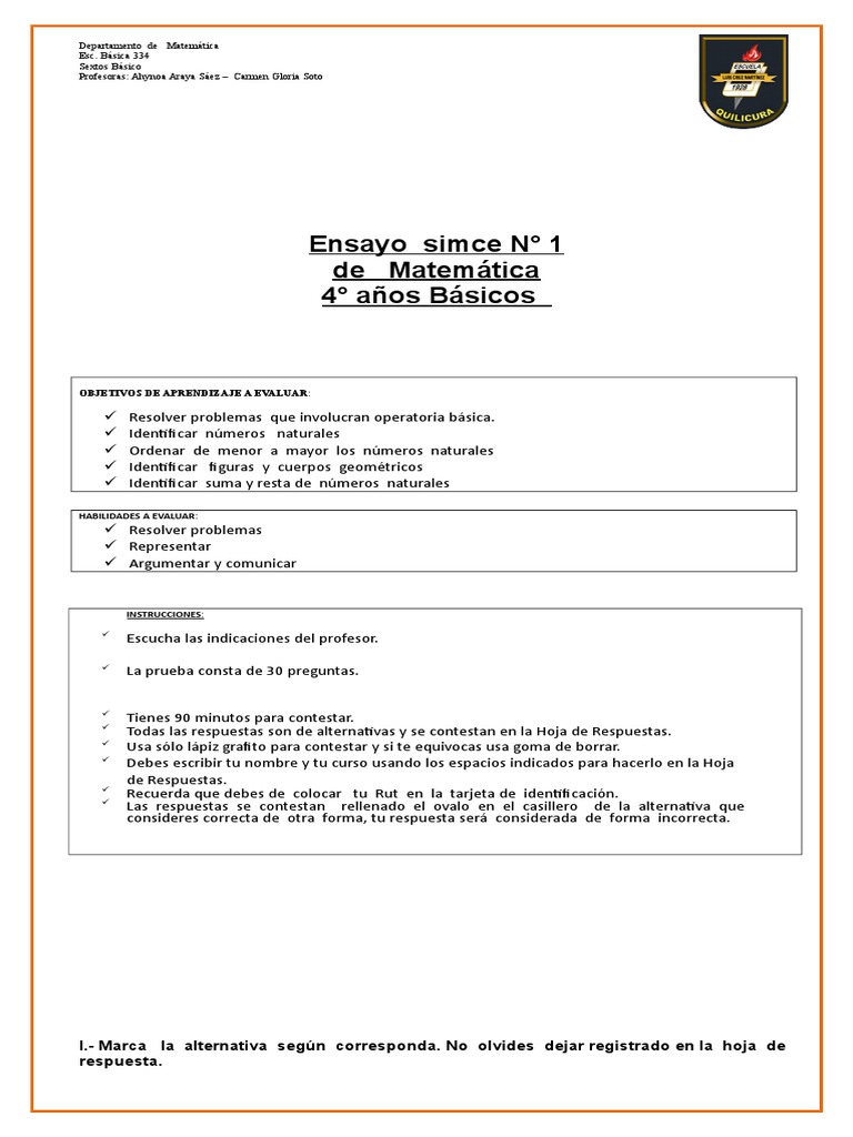 Ensayo Simce N°1 Cuarto Basico | PDF | Sustracción | Enseñanza de matemática