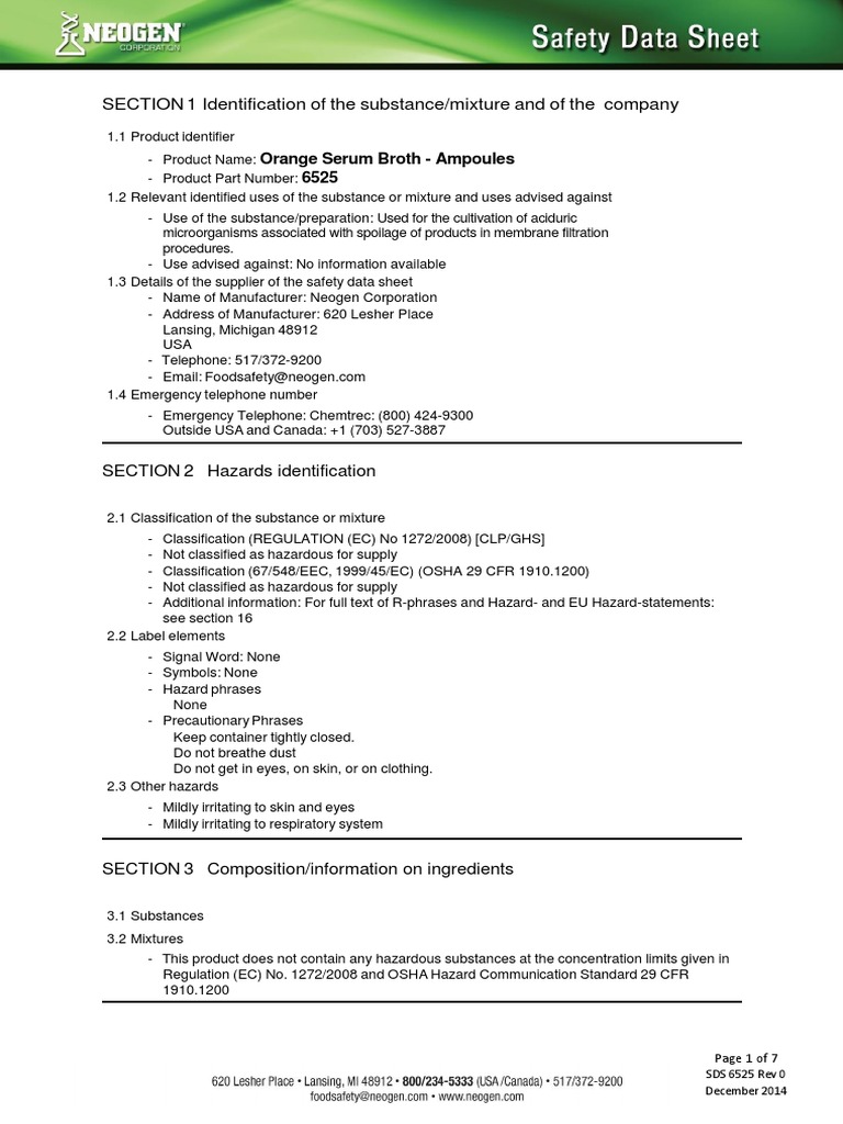 Orange Serum6525 Sds | PDF | Dangerous Goods | Safety