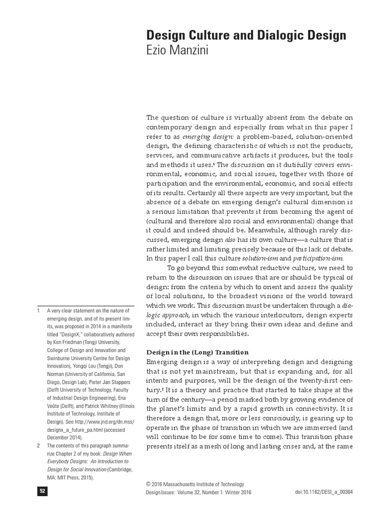 Manzini - Design Culture and Dialogic Design - 2016 | PDF | Design | Expert