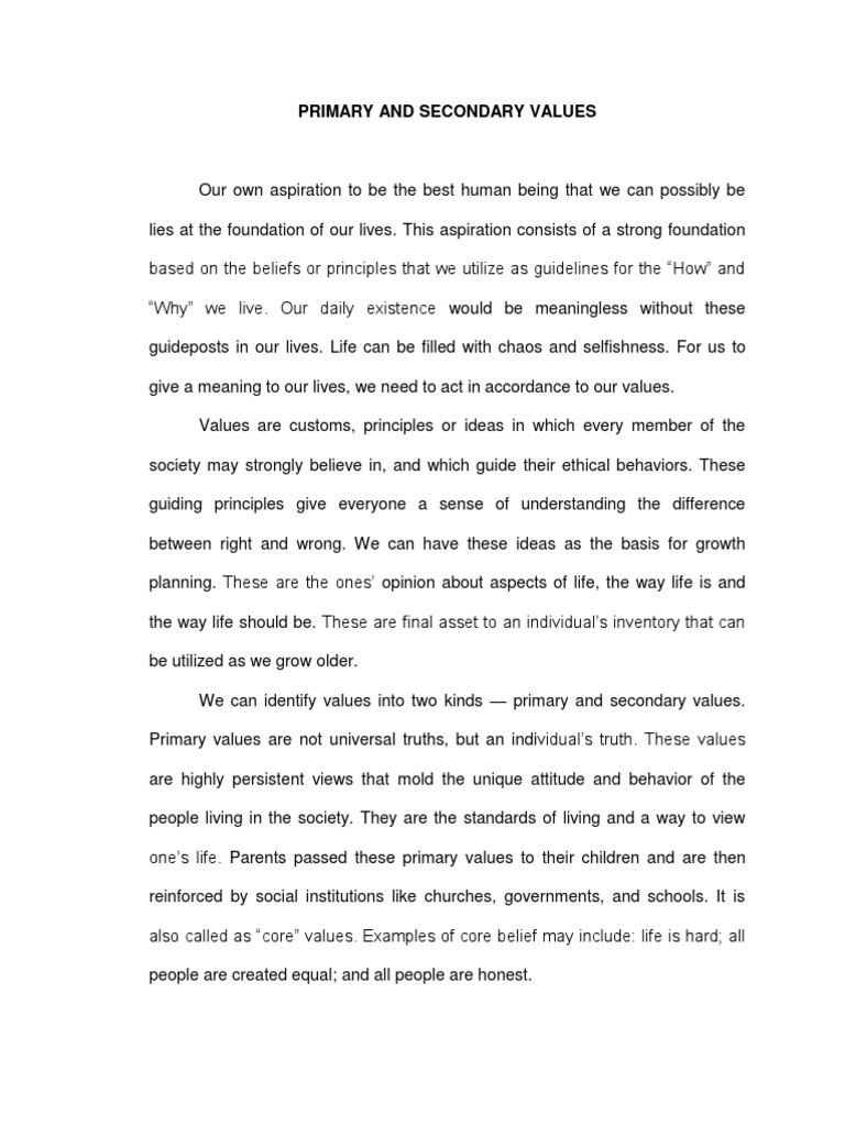 Primary and Secondary Values | PDF | Value (Ethics) | Psychological ...