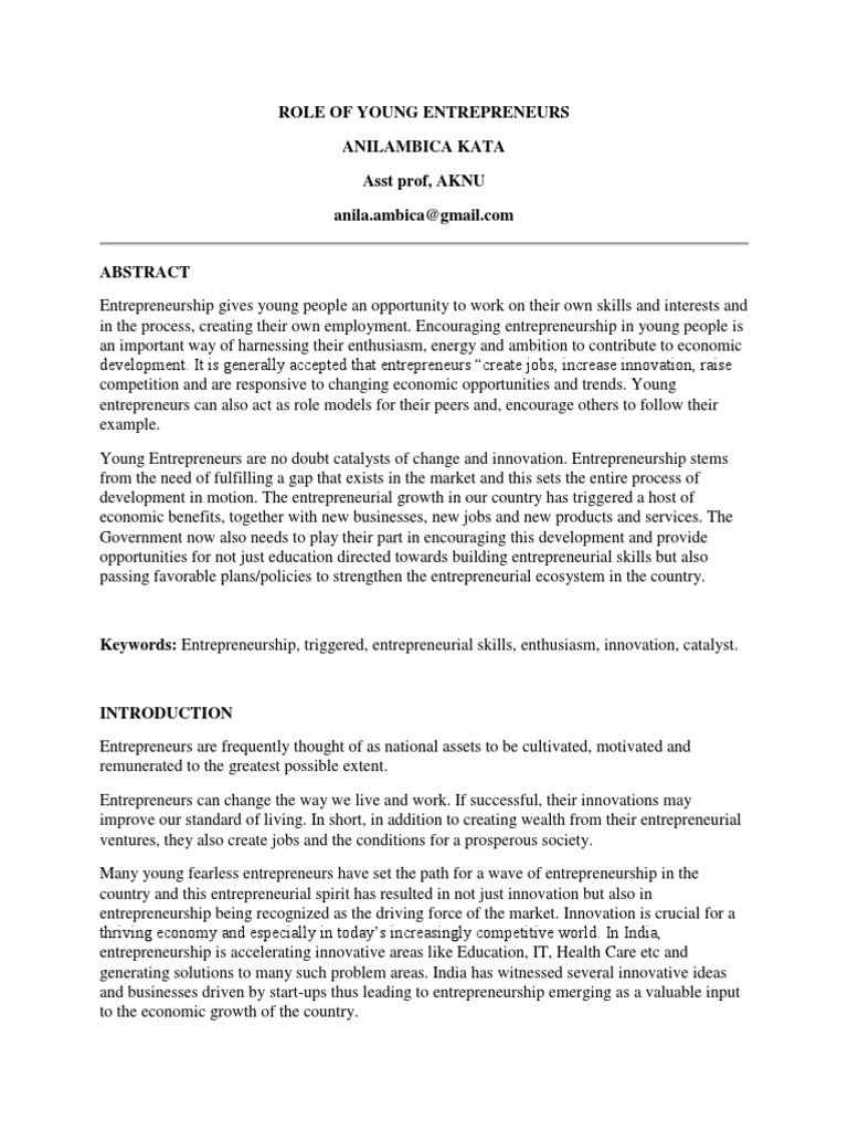 Role of Young Entrepreneurs | PDF | Economic Development | Entrepreneurship