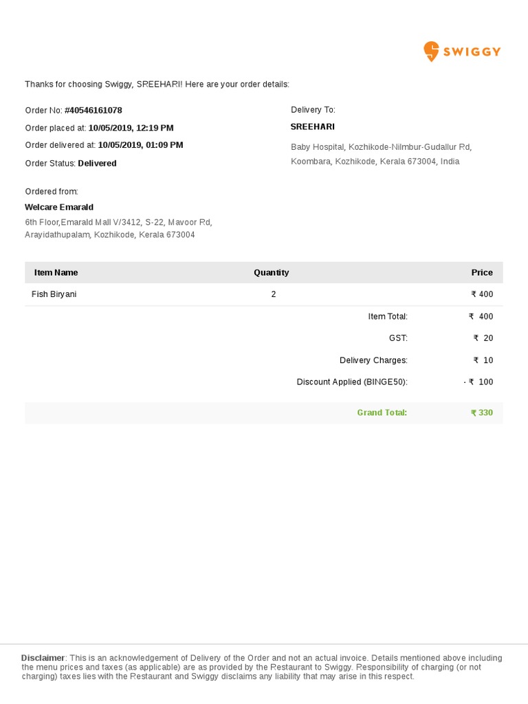 Sreehari: Thanks For Choosing Swiggy, SREEHARI! Here Are Your Order ...