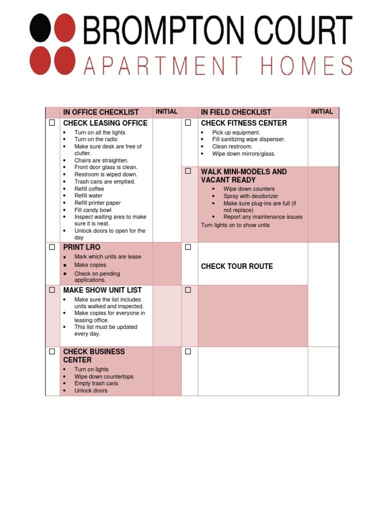 In Office Checklist in Field Checklist Check Leasing Office Check ...