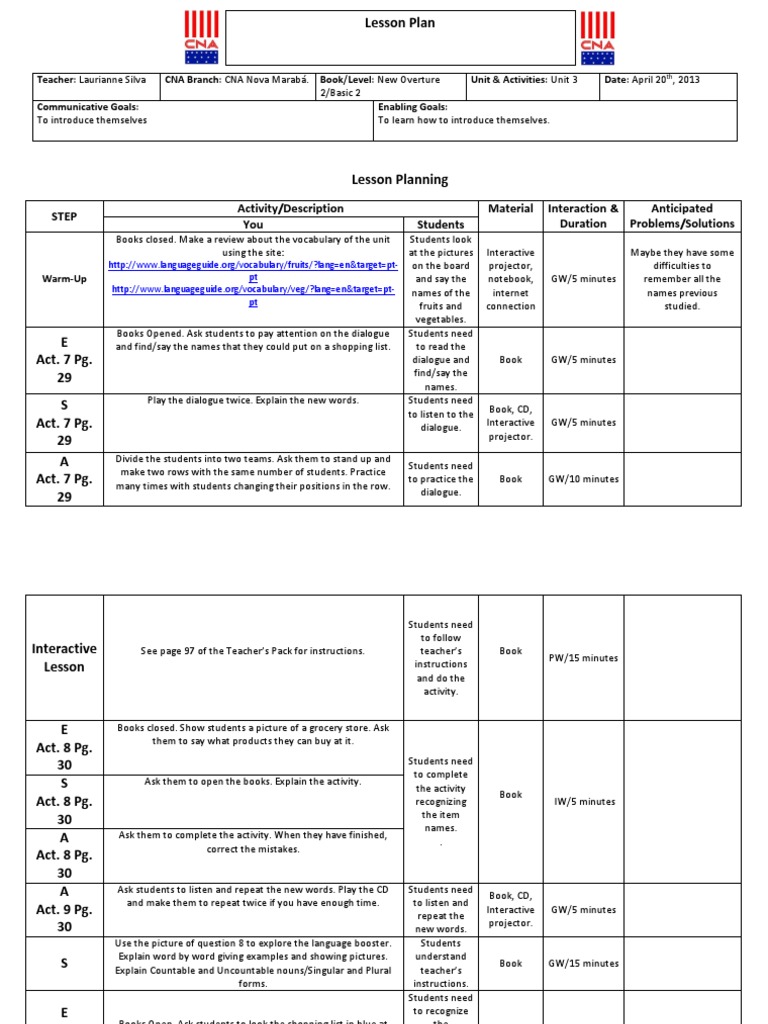 Lesson Plan: Step Activity/Description Material Interaction & Duration ...