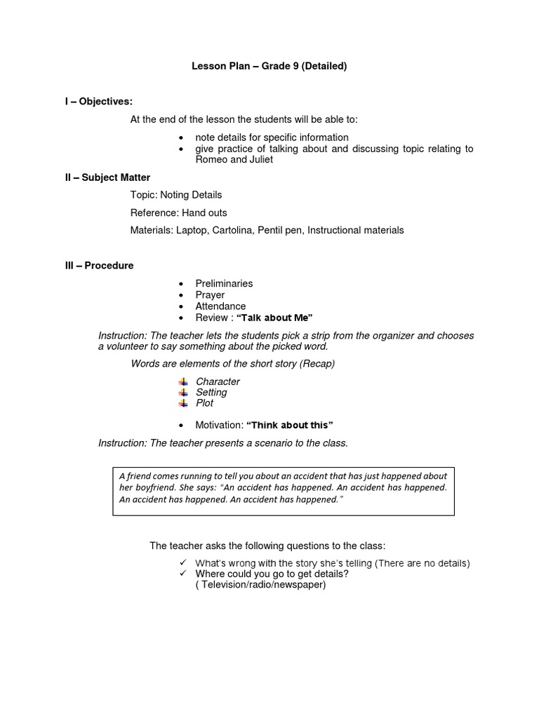 Lesson Plan - Grade 9 (Detailed) | PDF | Characters In Romeo And Juliet ...