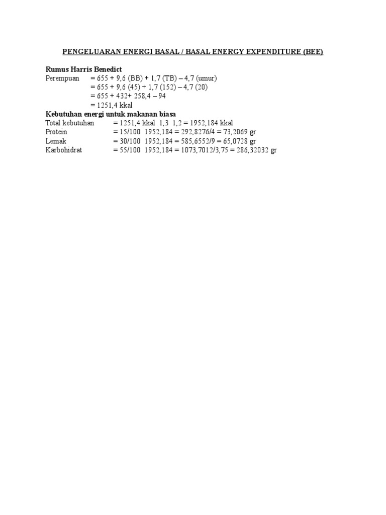 Pengeluaran Energi Basal / Basal Energy Expenditure (Bee) Rumus Harris ...