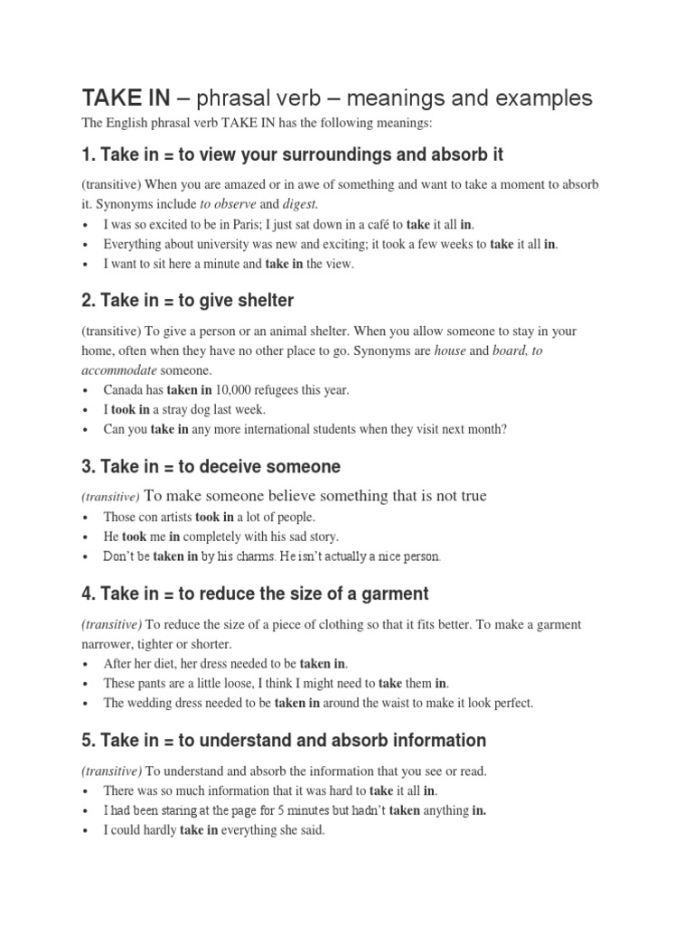 Understanding the Phrasal Verb "Take In" | PDF