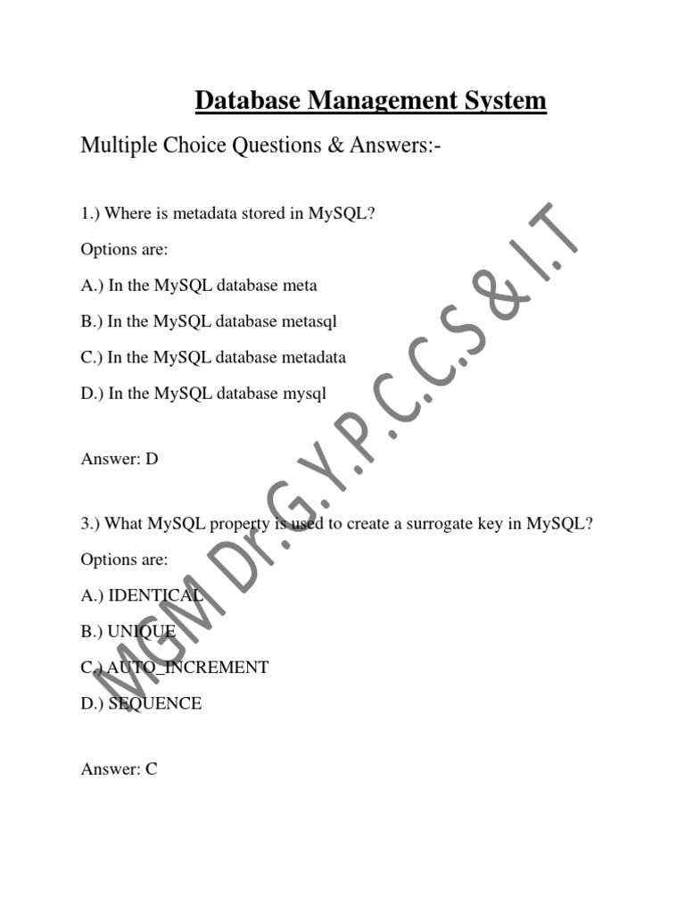 Database Management System: Multiple Choice Questions & Answers | PDF | Relational Model | Databases