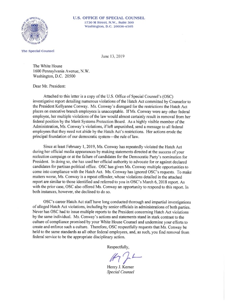 OSC Letter To Trump Re: Conway Hatch Act Violations | PDF | Kellyanne ...