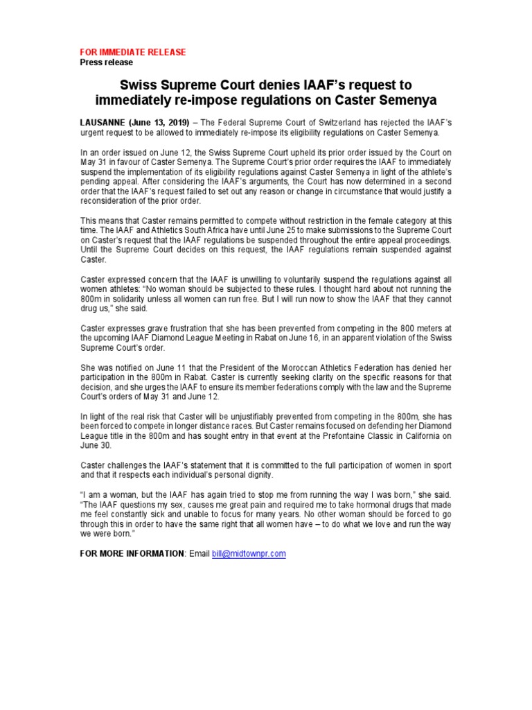 Caster Semenya 2019-06-13 Press Release (Court Order Re Request For ...