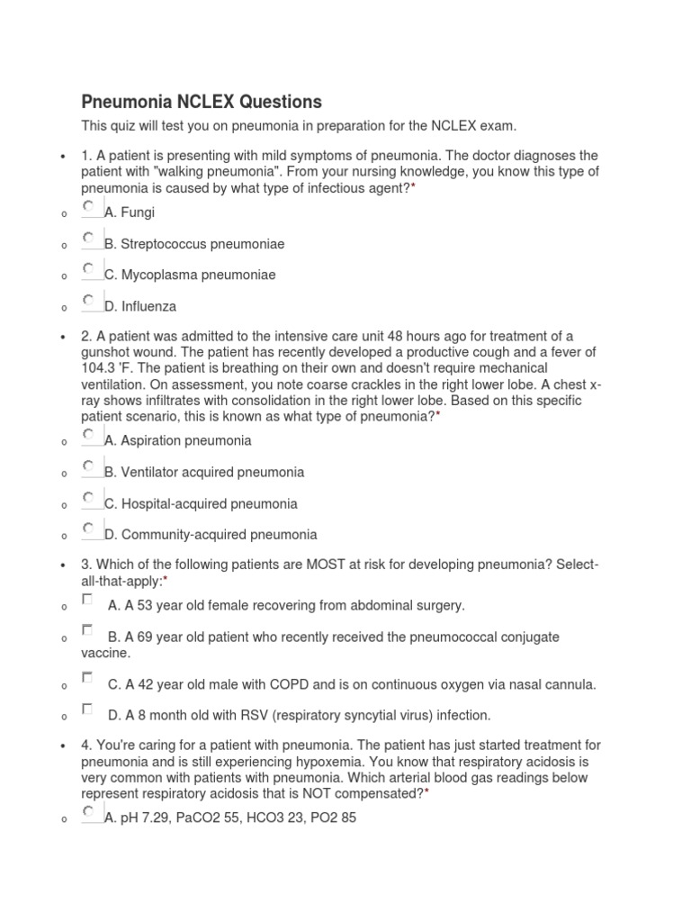 Pneumonia Nclex Questions | PDF | Pneumonia | Microbiology