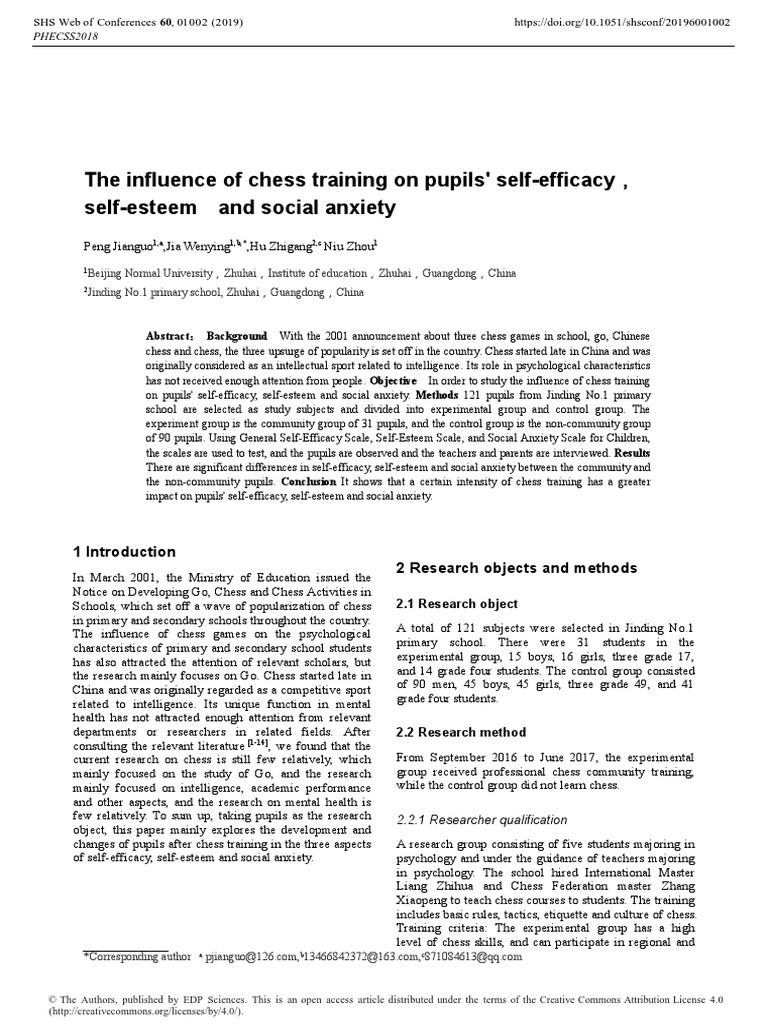 The Influence of Chess Training On Pupils' Self-Efficacy Self-Esteem and Social Anxiety | PDF ...