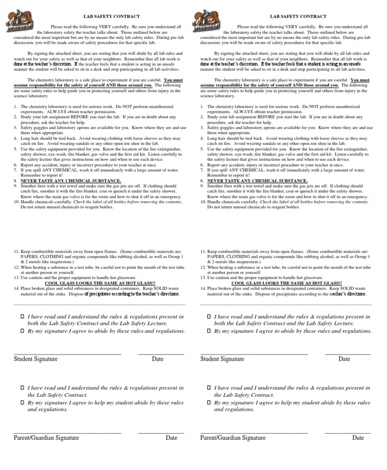 Lab Safety Contract Lab Safety Contract | PDF | Laboratories | Chemical ...