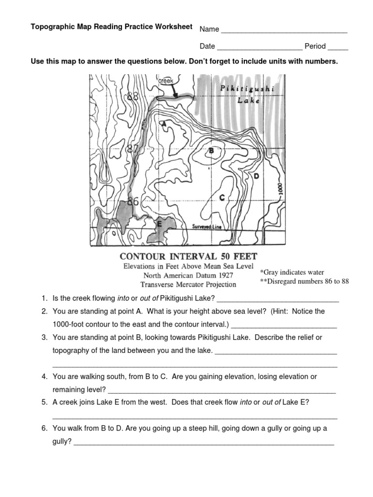 Topographic Map Reading Practice Worksheet | PDF | Contour Line | Elevation