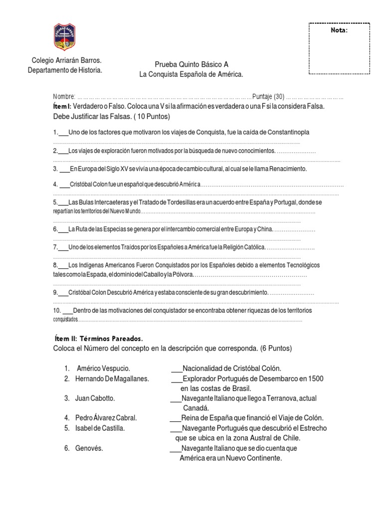 Prueba Conquista de America | PDF | Cristobal colon | Exploración