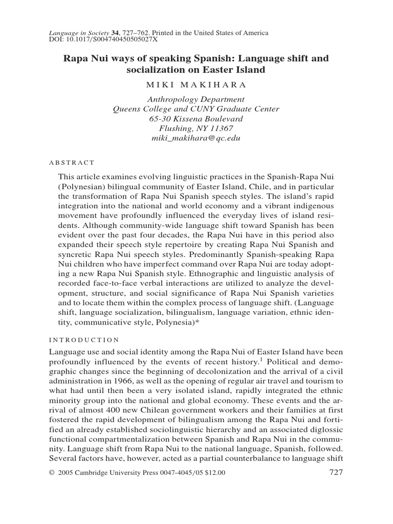 Rapa Nui Ways of Speaking Spanish Language Shift and Socialization On ...