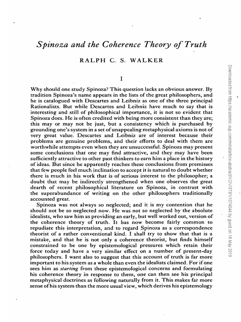 Spinoza's Coherence Theory of Truth | PDF | Epistemology ...