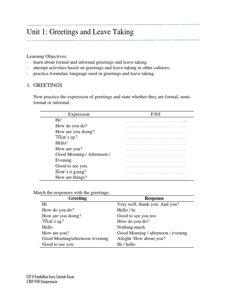 Unit 1: Greetings and Leave Taking | PDF