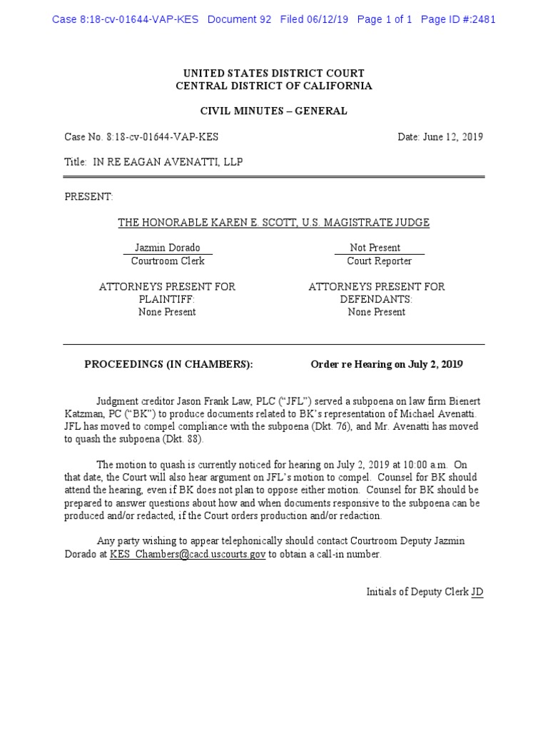 Case 8:18-cv-01644-VAP-KES Document 92 Filed 06/12/19 Page 1 of 1 Page ...