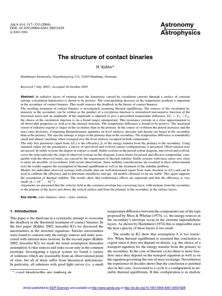 The Structure of Contact Binaries | PDF | Stars | Temperature