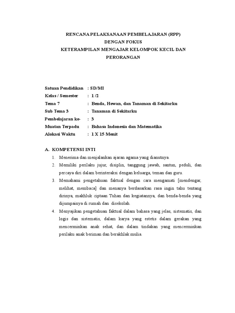 RPP Kelas 1 Tema 7 | PDF