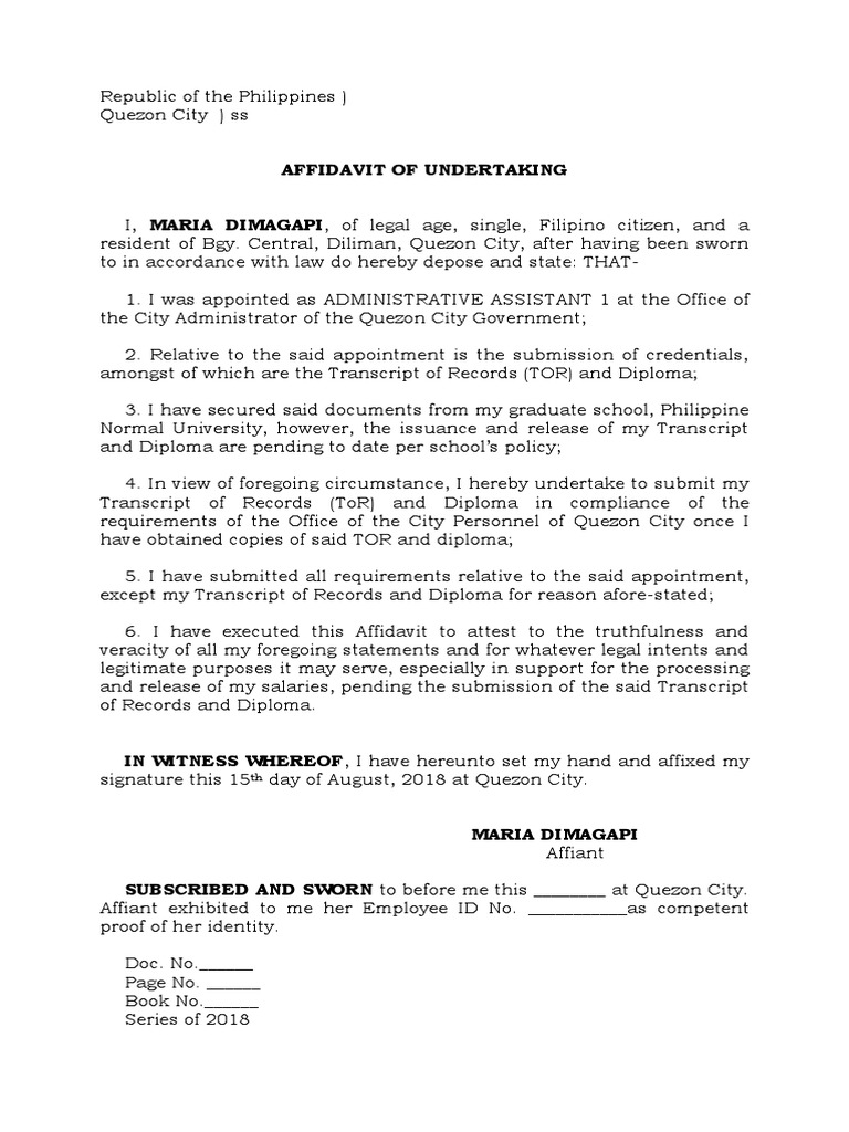 Affidavit of Undertaking Sample | PDF