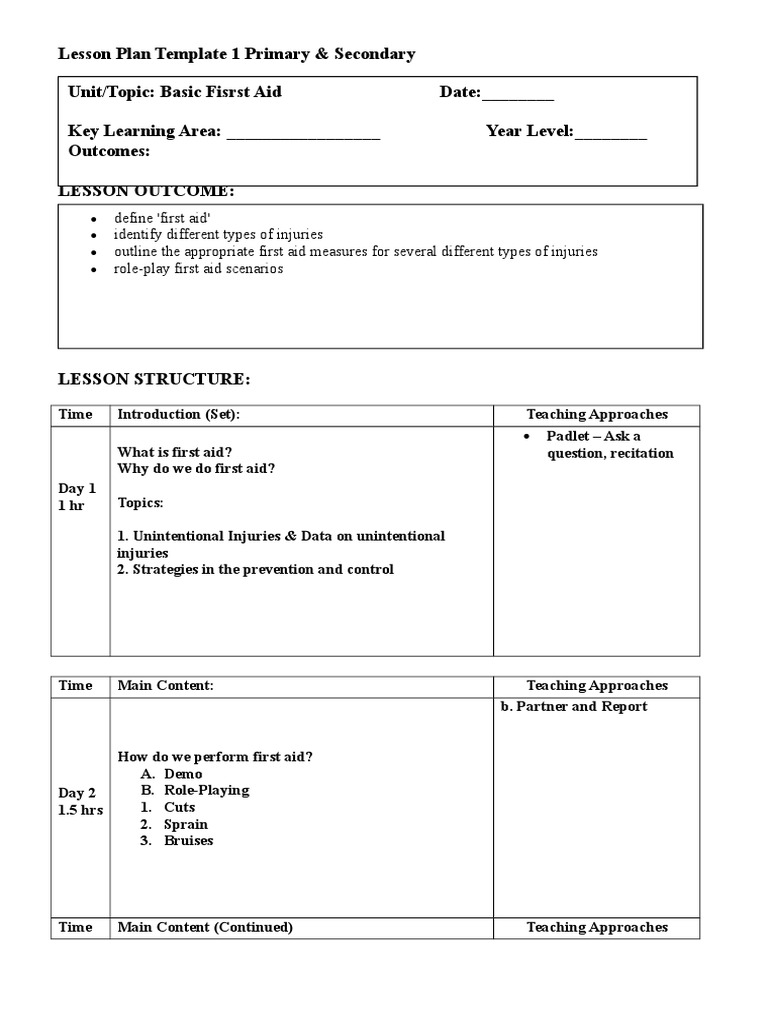 Lesson Plan Template 1 Primary & Secondary Unit/Topic: Basic Fisrst Aid ...