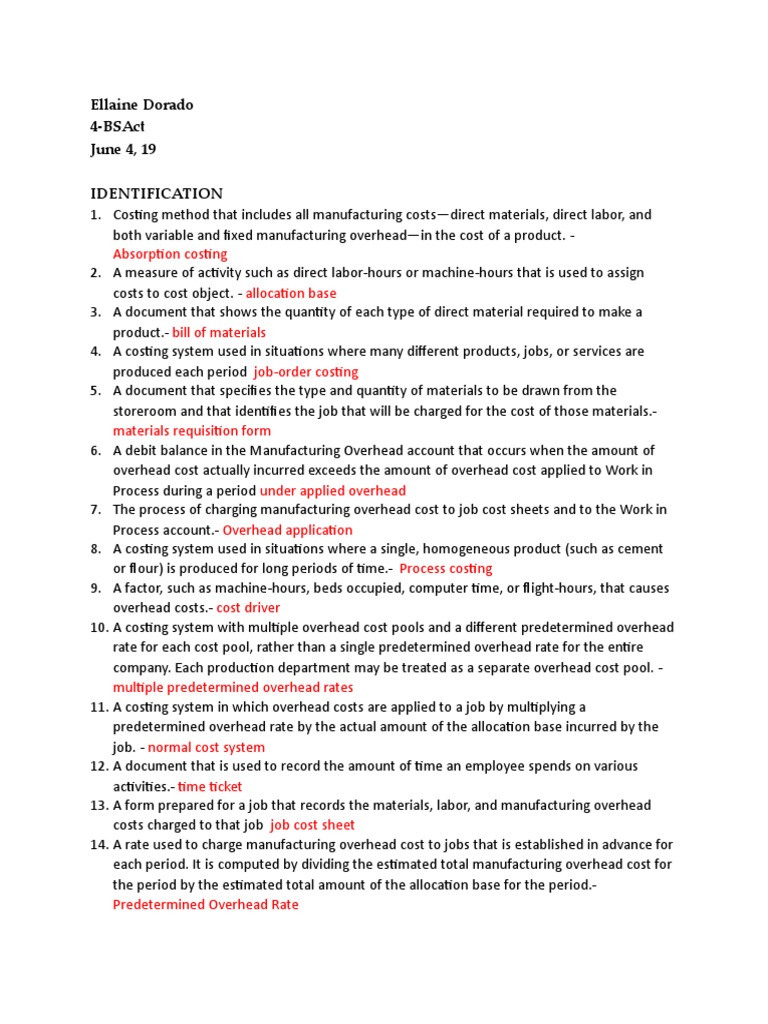 Job Order Quiz | PDF | Cost | Inventory