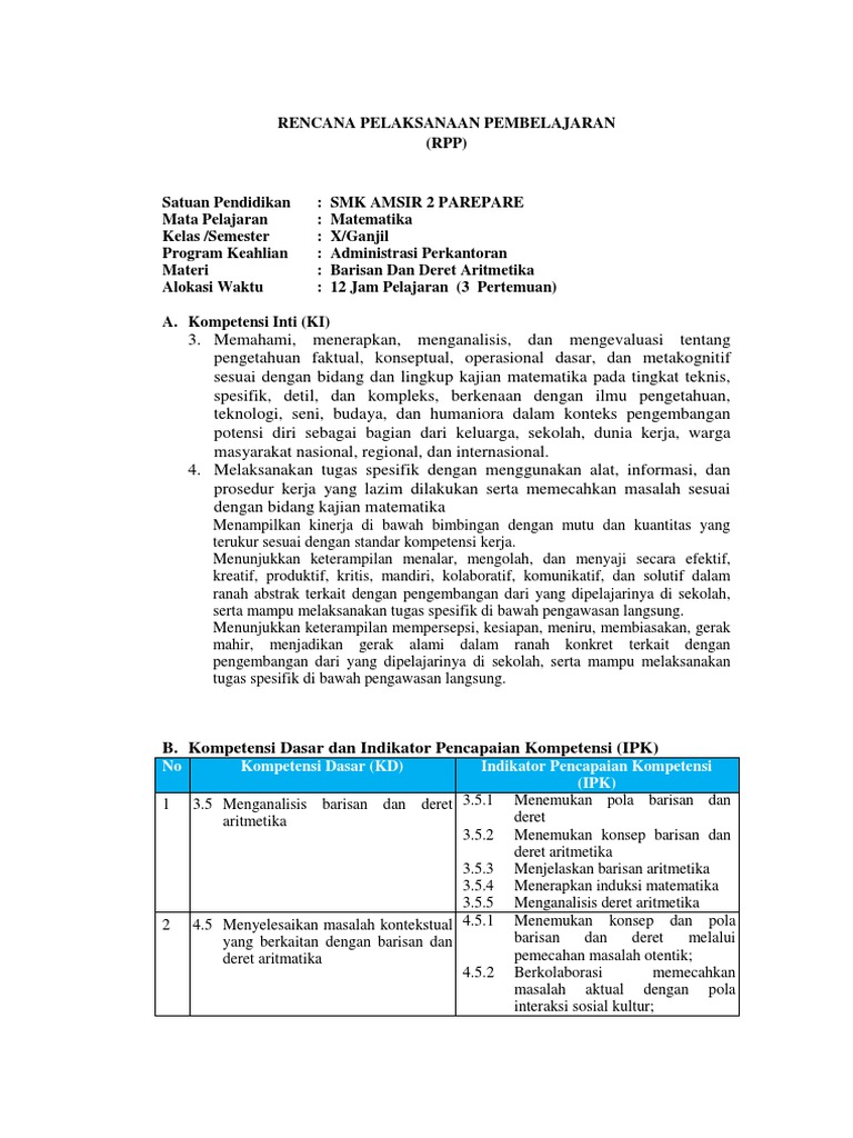 RPP Barisan Dan Deret Aritmatika | PDF