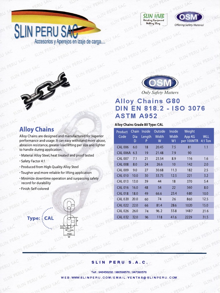 Alloy Chains G80 DIN EN 818.2 - ISO 3076 ASTM A952: Slin Peru S.A.C | PDF
