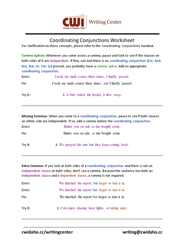 Coordinating Conjunctions Practice Worksheet | PDF | Comma | Grammar