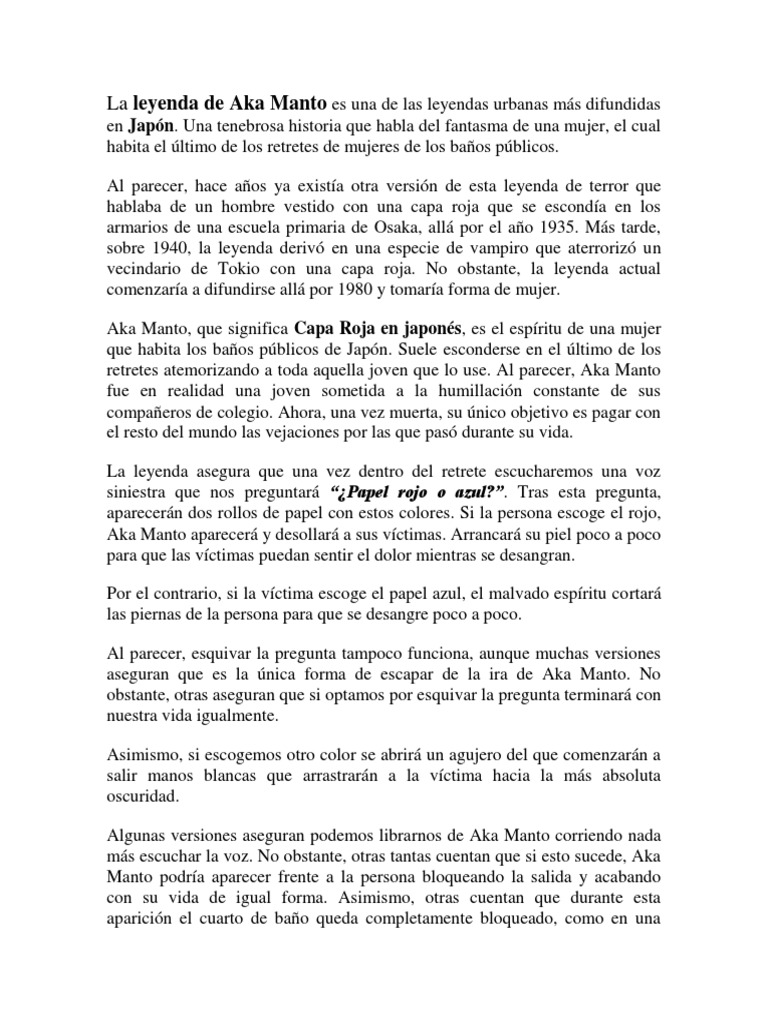 La Leyenda de Aka Manto Es Una de Las Leyendas Urbanas Más Difundidas en Japón | PDF