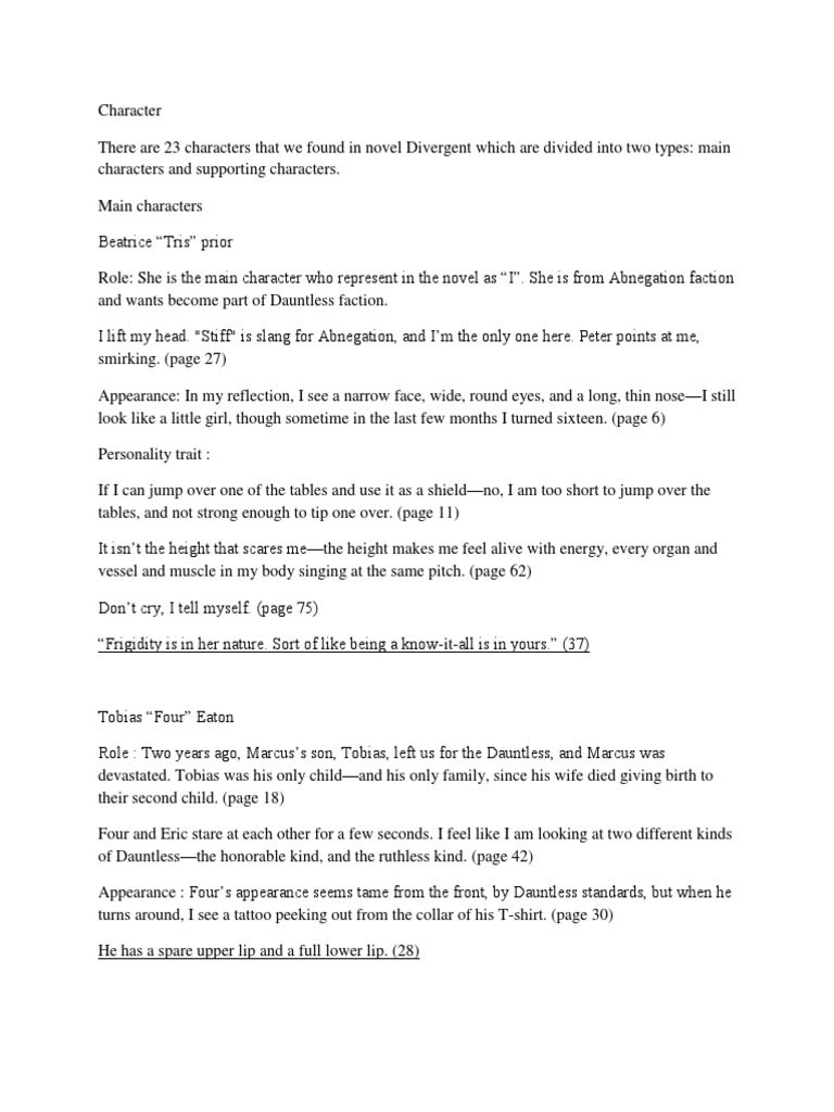 Characters in Divergent Novel | PDF | Human Appearance