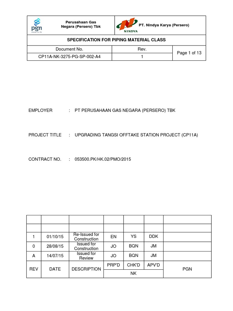 PGN Piping Material Specification | PDF | Pipe (Fluid Conveyance) | Screw