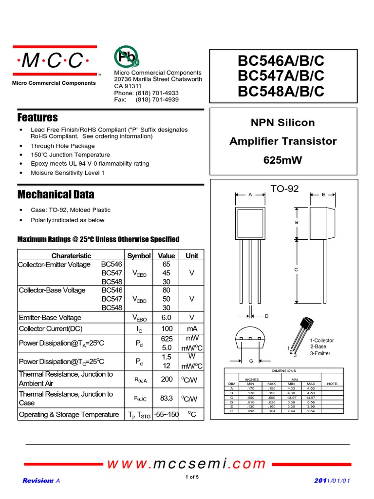 BC547A /B/C BC548A /B/C BC546A /B/C: Mccsemi | PDF | Transistor ...