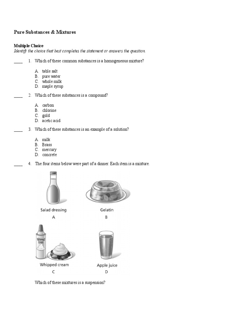 Pure Substances & Mixtures: Multiple Choice | PDF | Chemical Substances ...