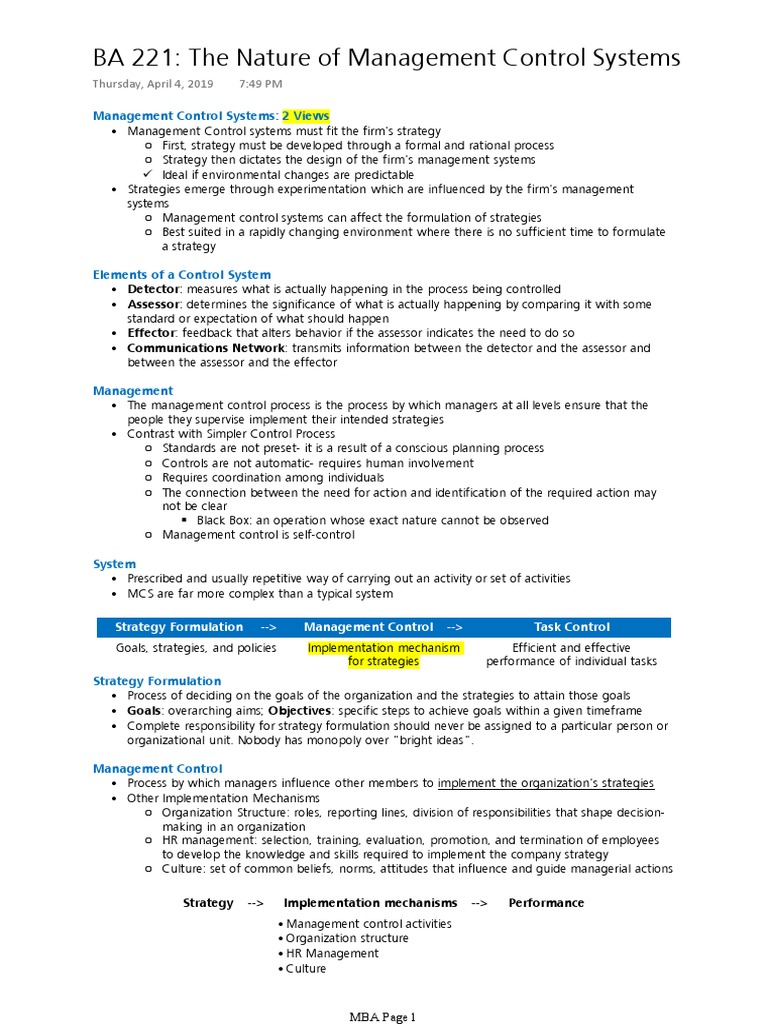 Nature of Management Control Systems | PDF | Goal | Performance Appraisal